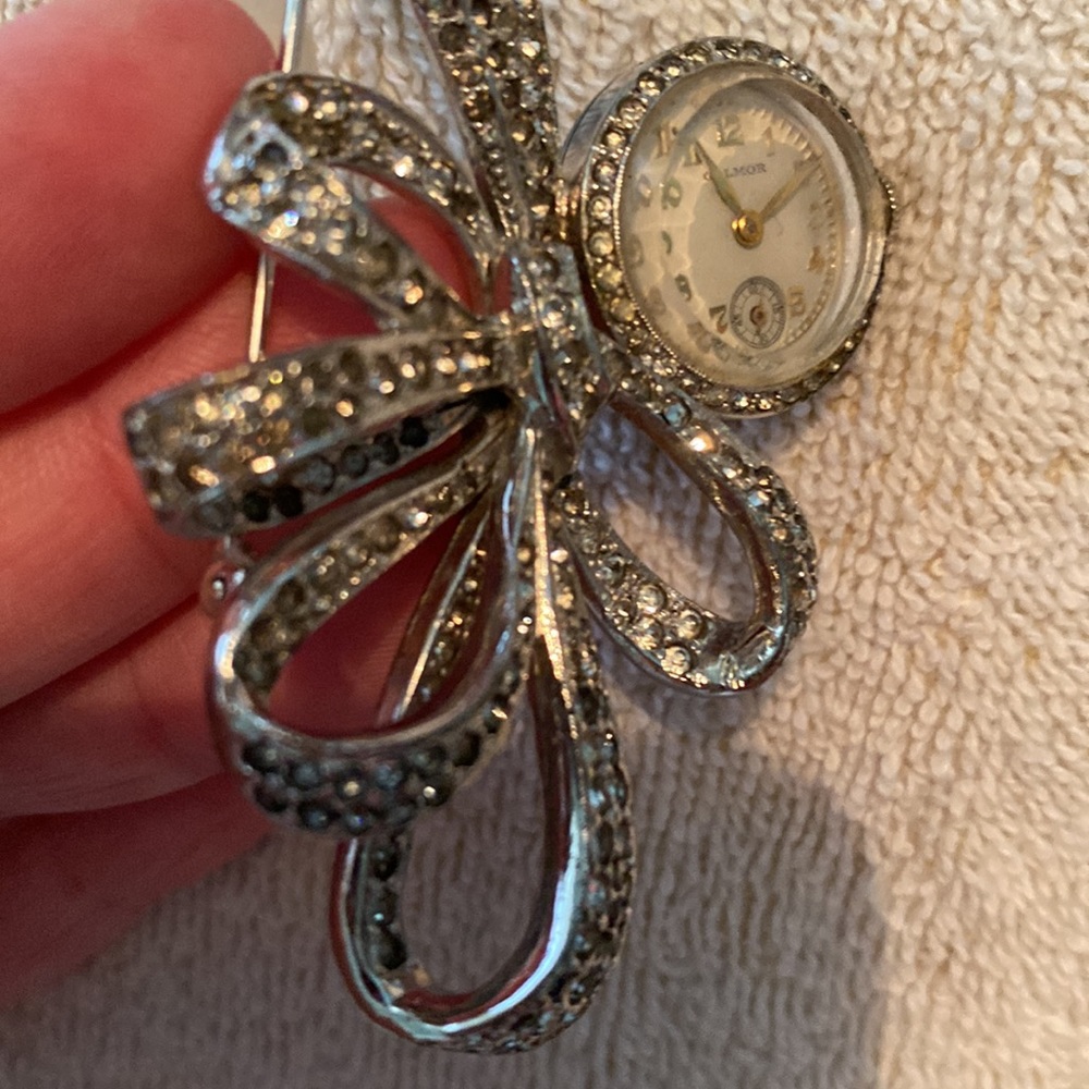 Vintage Galmor Rhodium Plated Rhinestone Lapel Watch … - Gem